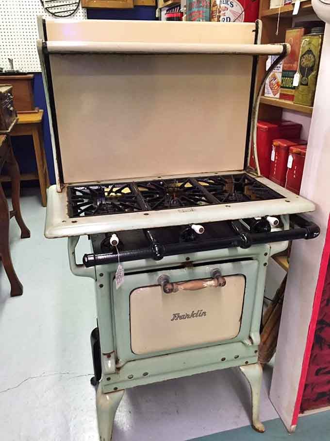 This mint-green Franklin stove cooked countless meals before electric ranges made everything easier but somehow less charming and memorable.