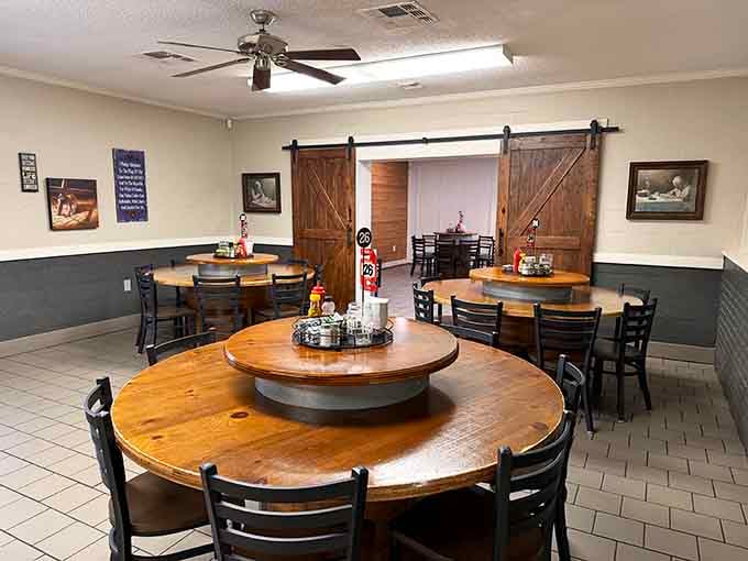 Round tables and barn doors create a farmhouse vibe that's Instagram-worthy but refreshingly unpretentious about it all.