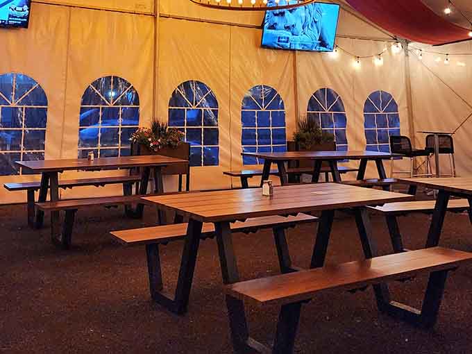 The tent seating expands your options while maintaining that cozy pub vibe, even when Colorado weather gets moody.