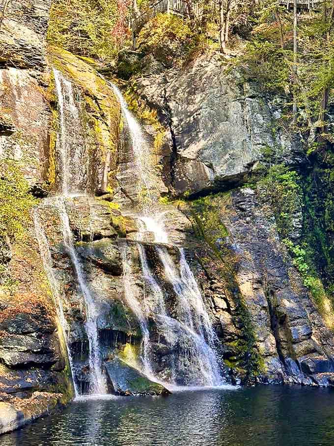 Multiple streams braiding together over ancient rock, like nature's own fountain show running continuously since the Ice Age.