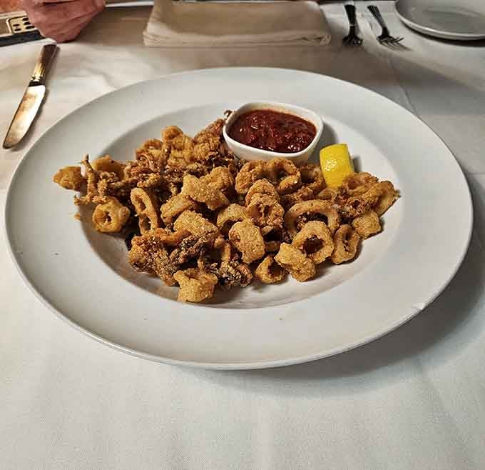 Crispy calamari rings piled high with marinara standing guard, this is how you start a meal that people remember fondly.