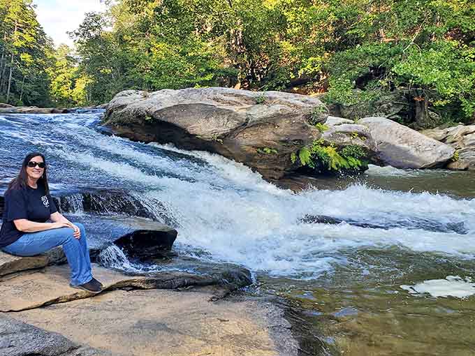 Ramsey Creek flows like liquid silk over ancient stone, creating nature's own meditation soundtrack for free.