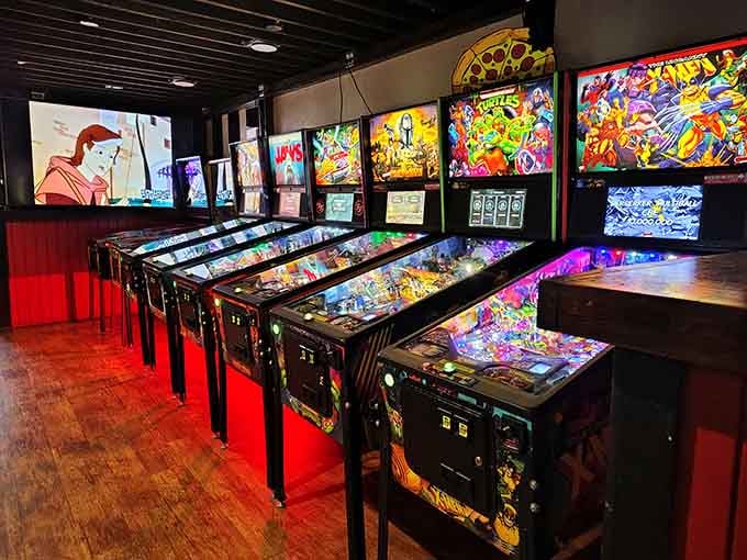 Pinball machines lined up like soldiers, ready to transport you back to when quarters actually meant something.