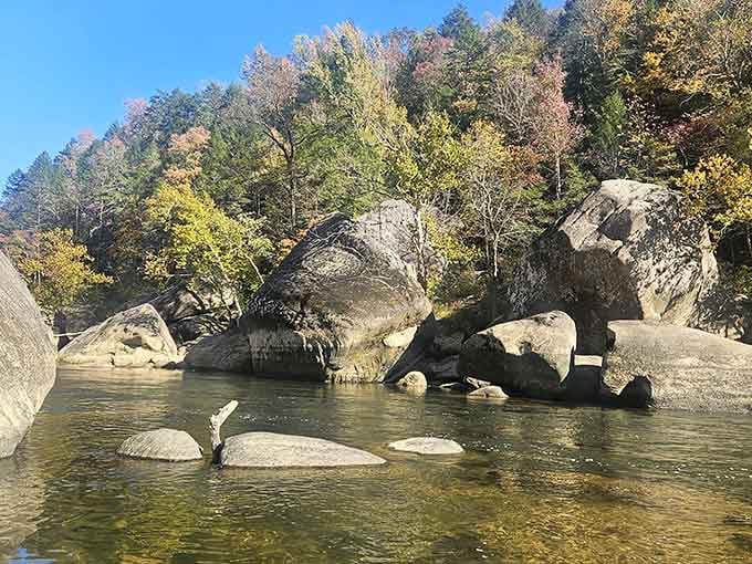 These massive river boulders have been here longer than anyone's complaints about modern life&mdash;perspective, delivered naturally.