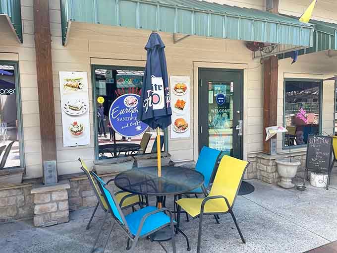 Cheerful chairs outside this sandwich shop suggest the kind of leisurely lunch your retirement dreams are made of.
