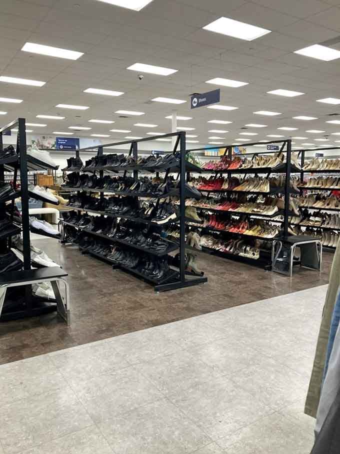 Shoes organized by size like a proper store, because treasure hunting shouldn't require archaeological excavation skills.