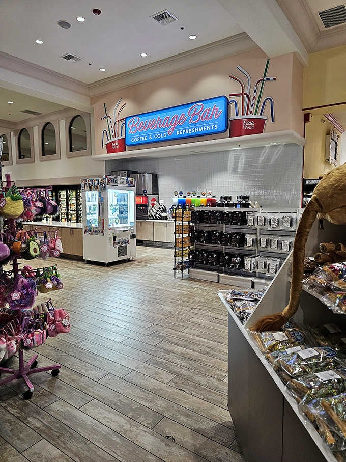 The beverage bar stands ready to caffeinate weary travelers with everything from coffee to cold refreshments.