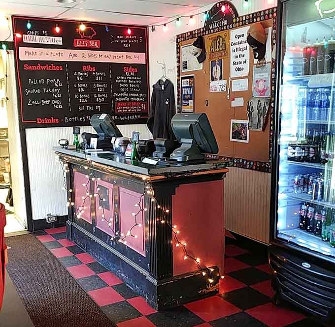 The order counter decorated with string lights keeps things festive while you make your important meat selections.