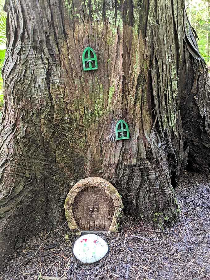 Fairy doors dot the ancient tree trunk at various heights, suggesting a bustling vertical gnome community within the bark.