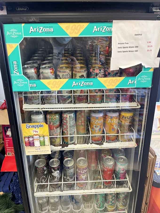 Even the beverage cooler has personality, stocked with drinks that remind you of simpler times and better choices.