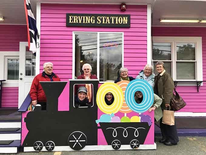 This train-themed photo cutout lets visitors become part of the station's sweet history, one silly picture at a time.