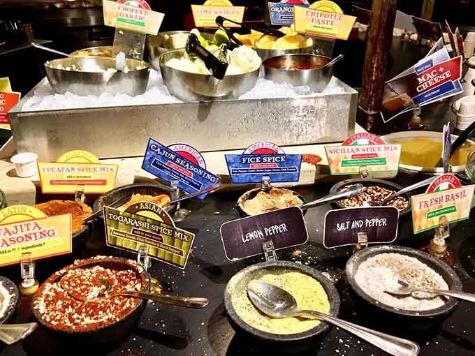 The seasoning station displays spice blends from around the world, turning you into an international flavor architect.