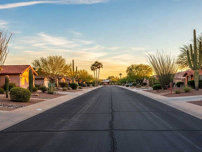 Desert landscaping meets residential charm where saguaros stand guard over quiet neighborhood streets at sunset.