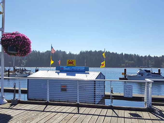 Colorful flags flutter above floating docks where fresh crab awaits, calling seafood lovers like a siren song.