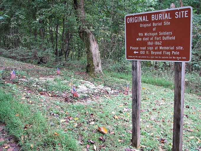The original burial site marks where soldiers were first laid to rest before later relocation.