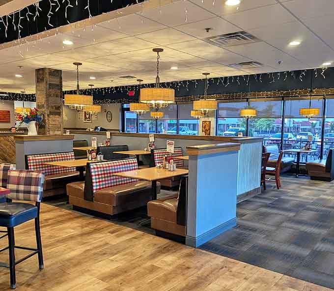 Spacious booths with gingham cushions create the perfect spot for lingering over coffee and contemplating a second breakfast.