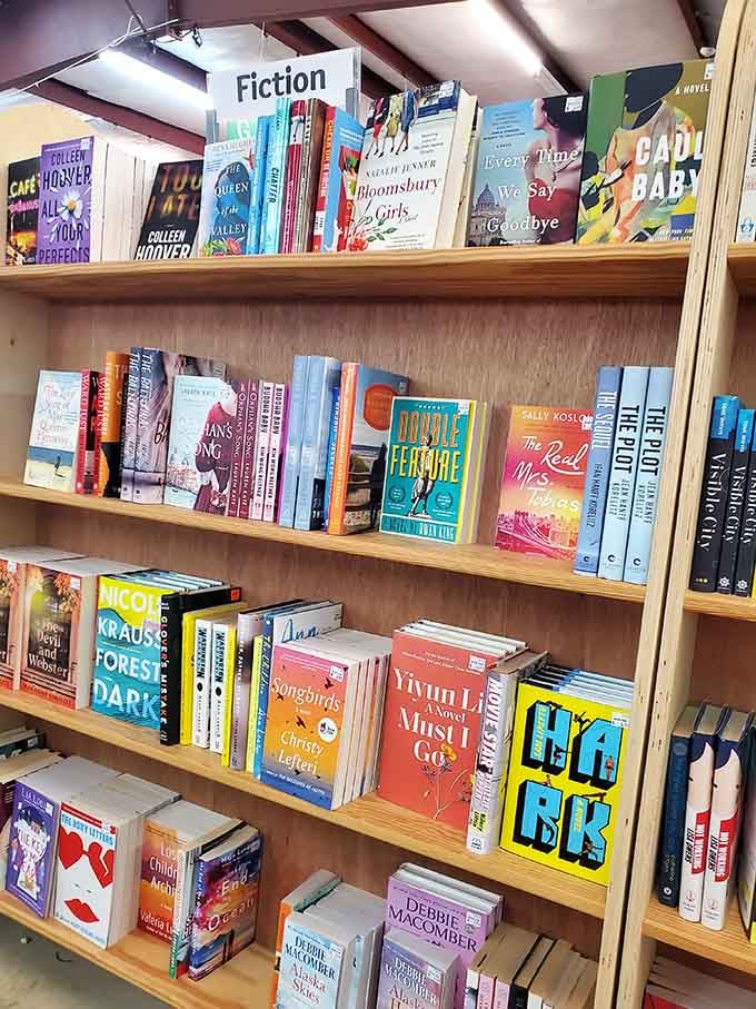 Fiction shelves packed tighter than a subway car during rush hour, but infinitely more pleasant.