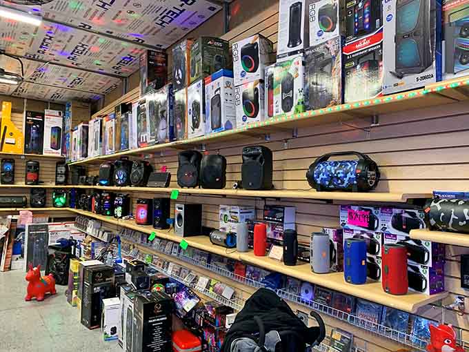 Portable speakers lining the shelves, ready to blast your favorite tunes at volumes that concern your neighbors greatly.
