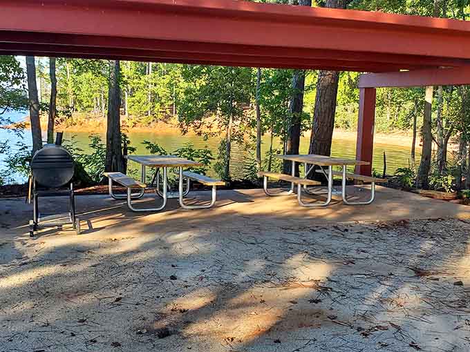 Morning coffee tastes better when your picnic table comes with a side of tranquil lake views.