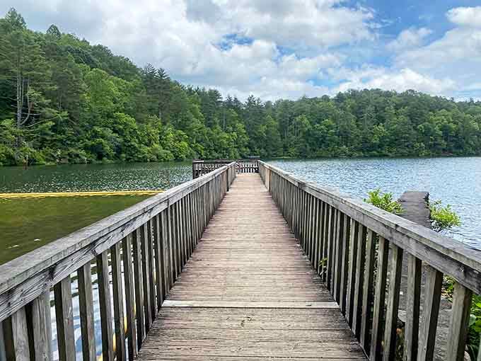 Unicoi State Park's peaceful pier stretches into calm waters, offering mountain serenity just minutes from Bavarian festivities.