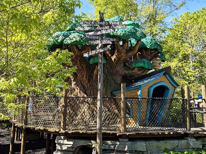 The Discovery Tree's signage points to magical destinations that sound better than any vacation brochure.
