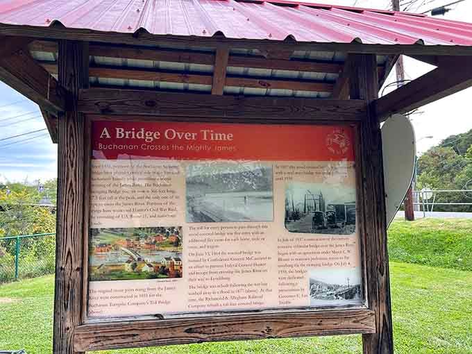 A weathered display shares the bridge's history, connecting present-day visitors to generations past who crossed here.