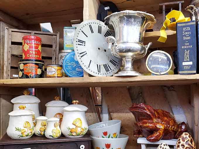 Vintage kitchen canisters and that glossy ceramic frog prove the seventies had personality that beige minimalism can't touch today.