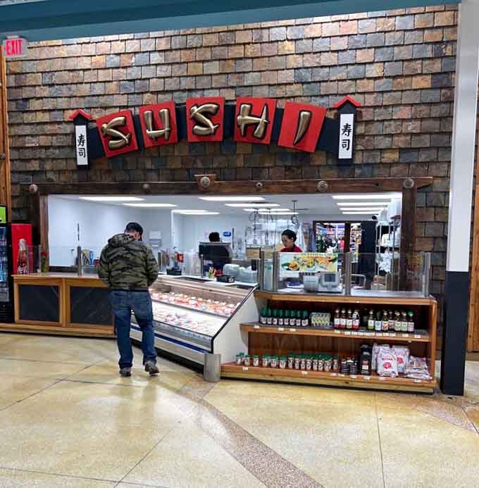 A sushi counter brings fresh rolls to your shopping experience, because why not eat while you shop?