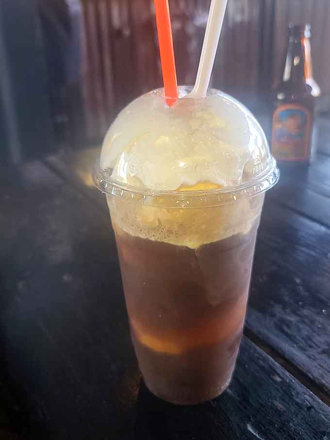 A root beer float that looks like it could double as dessert and a full meal simultaneously.