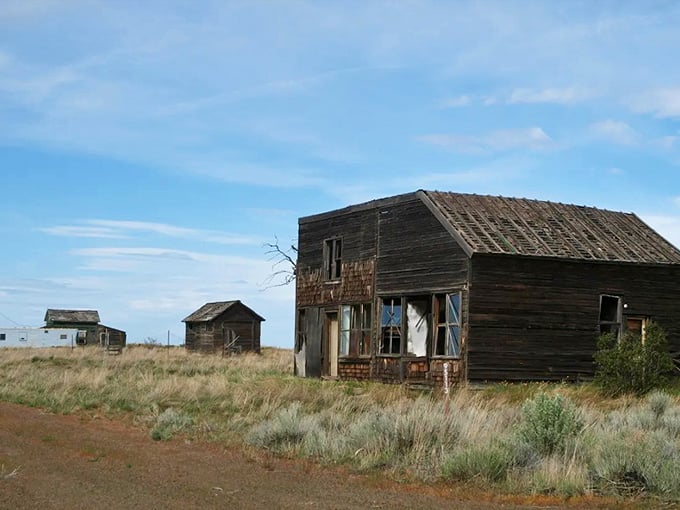 Multiple buildings in various states of giving up, like a support group for structures that have seen better days.