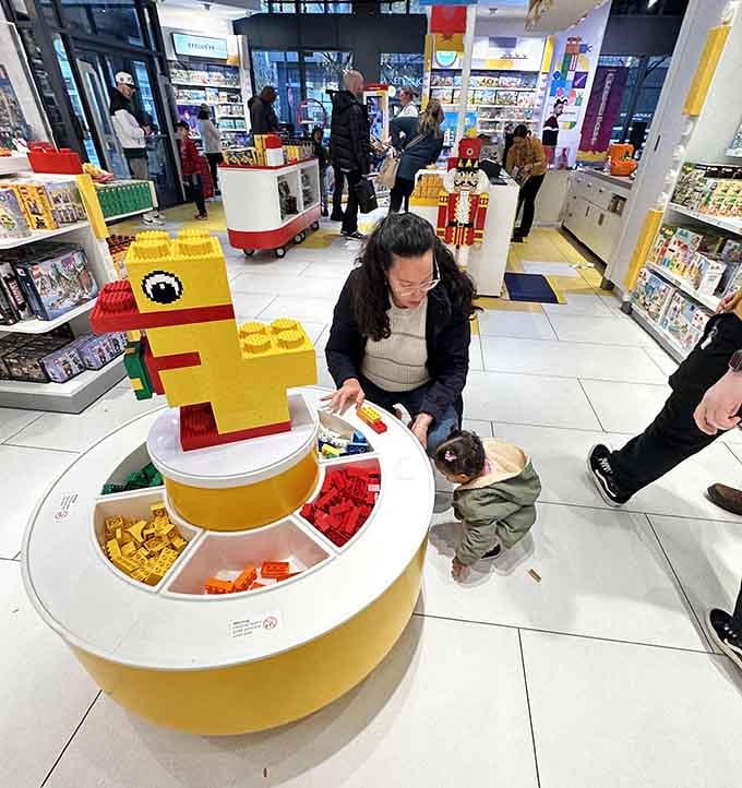 Free building stations stocked with endless bricks, proving that sometimes the best instruction manual is pure imagination.