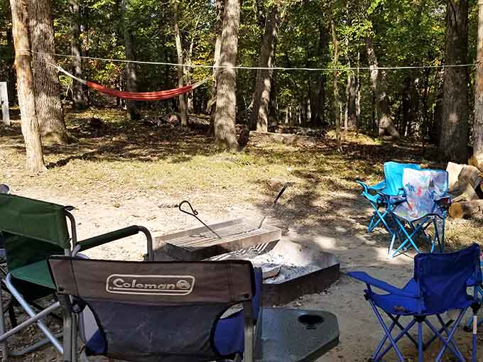 The classic camping setup where stories are shared and marshmallows meet their delicious, fiery fate.