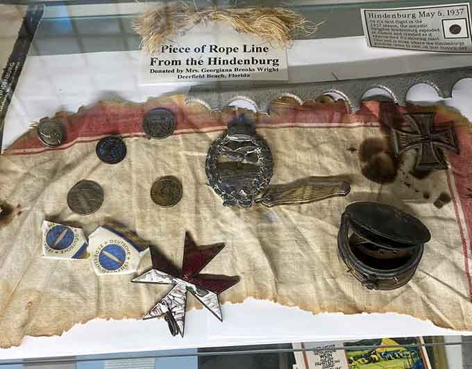 Actual rope from the Hindenburg alongside German military memorabilia, tangible pieces of history's most infamous airship disaster right here.