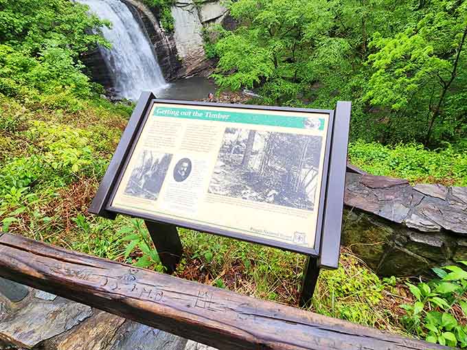 Educational signage sharing the falls' story, because even waterfalls have tales worth telling to curious visitors.