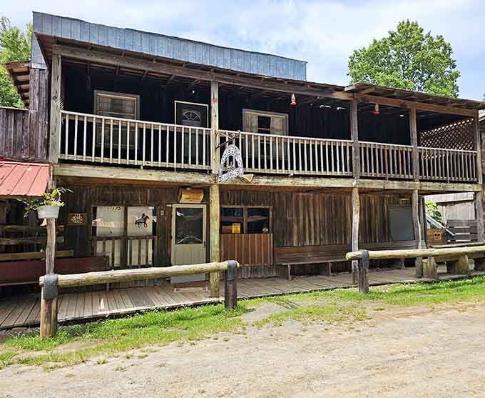 The General Store's weathered wood and second-floor balcony look like they've been transplanted straight from frontier days.