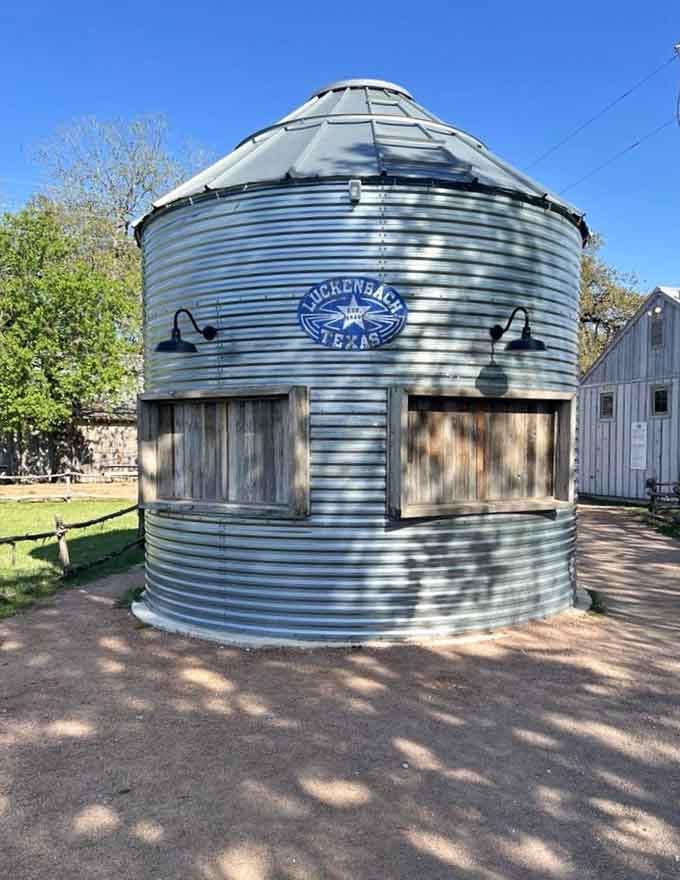 Even the grain silo gets in on the action, because in Luckenbach, every structure has a story to tell.