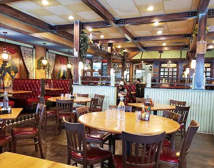 Warm wood tones and red booths create the perfect setting for lingering over that second coffee.