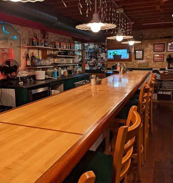 The bar area gleams with that well-loved patina that only comes from years of serving excellent coffee and conversation.