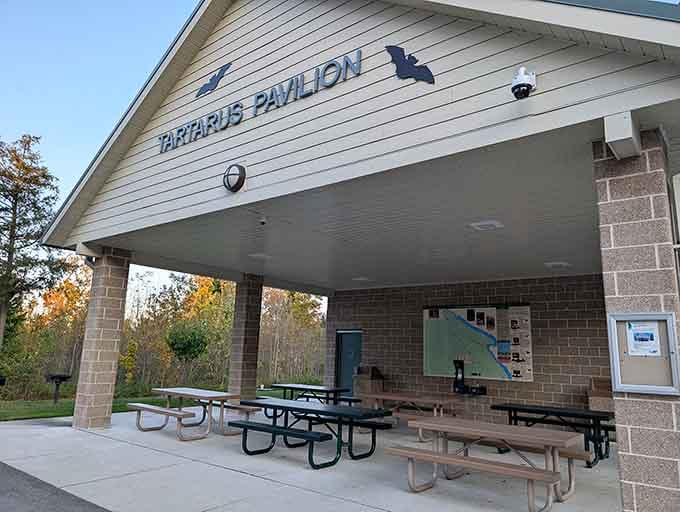 The Tartarus Pavilion offers shelter and picnic space, because even adventurers need a lunch break eventually.