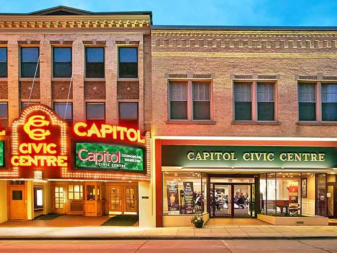 The Capitol Civic Centre's vintage marquee lights up downtown with entertainment that respects your budget beautifully.