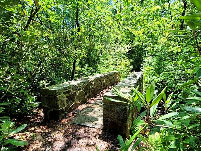 Stone bridges tucked into the landscape remind you this was once someone's private paradise, now generously shared with us.