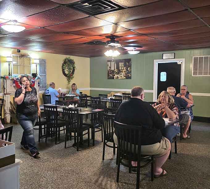 Diners enjoying the kind of meal that requires loosening your belt and planning a nap afterward.