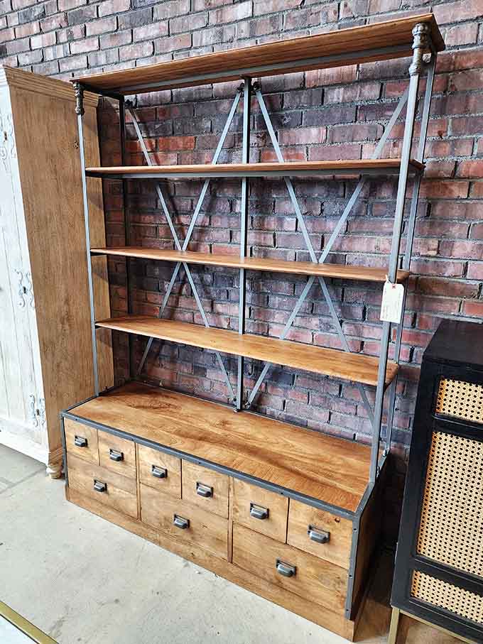 Industrial shelving that says "I'm organized" but also "I have impeccable taste in vintage storage solutions."