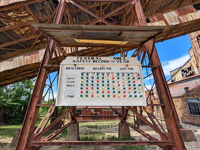 Federal Mill safety record board tracking accidents and lost time, a sobering reminder of mining's inherent dangers.