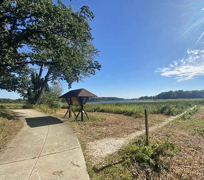 The covered shelter offers shade and lake views, perfect for contemplating life's mysteries or just eating your lunch.