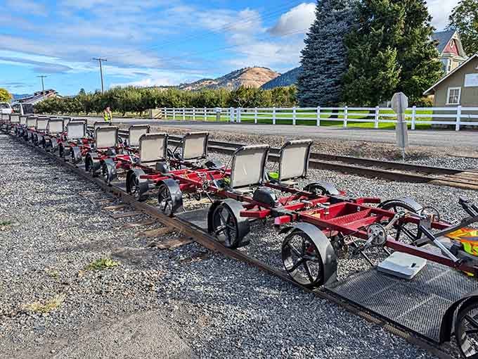 Rail bikes lined up like eager students waiting for recess, ready to roll down the tracks.