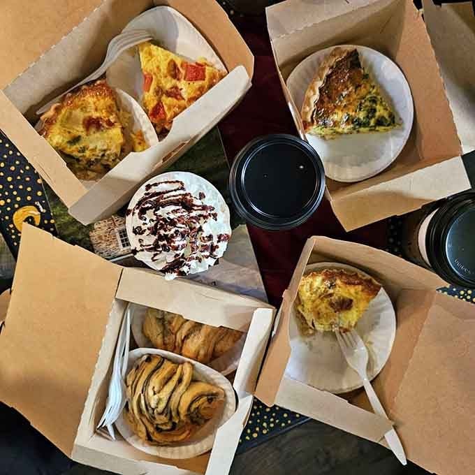 Pastries, quiches, and specialty drinks arranged like treasure, because breakfast should always feel this special and indulgent.