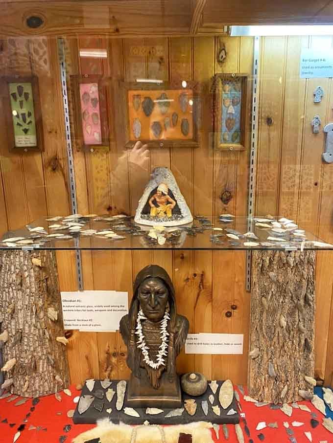 The Native American artifact collection showcases genuine arrowheads and tools, adding historical depth to all the gravity-defying shenanigans happening outside.