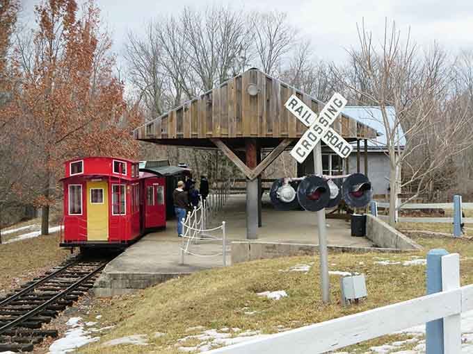 A full-sized caboose outside reminds you that some toys are meant to be climbed on, not just admired from afar.