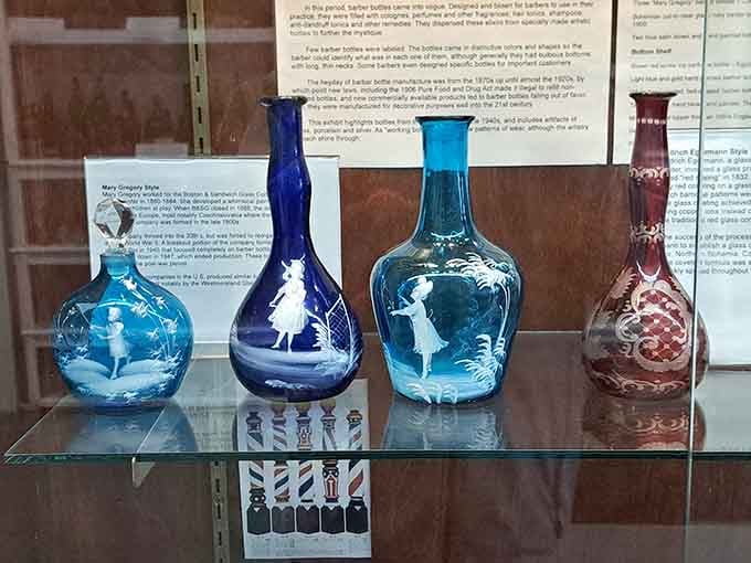 Decorative painted bottles featuring classical figures show how everyday objects became canvases for artistic expression and beauty.